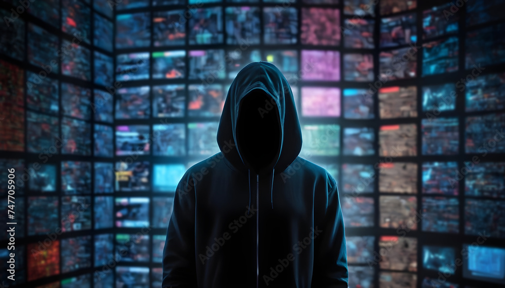 someone in a hoodie stands before screens, hiding their face. the ...