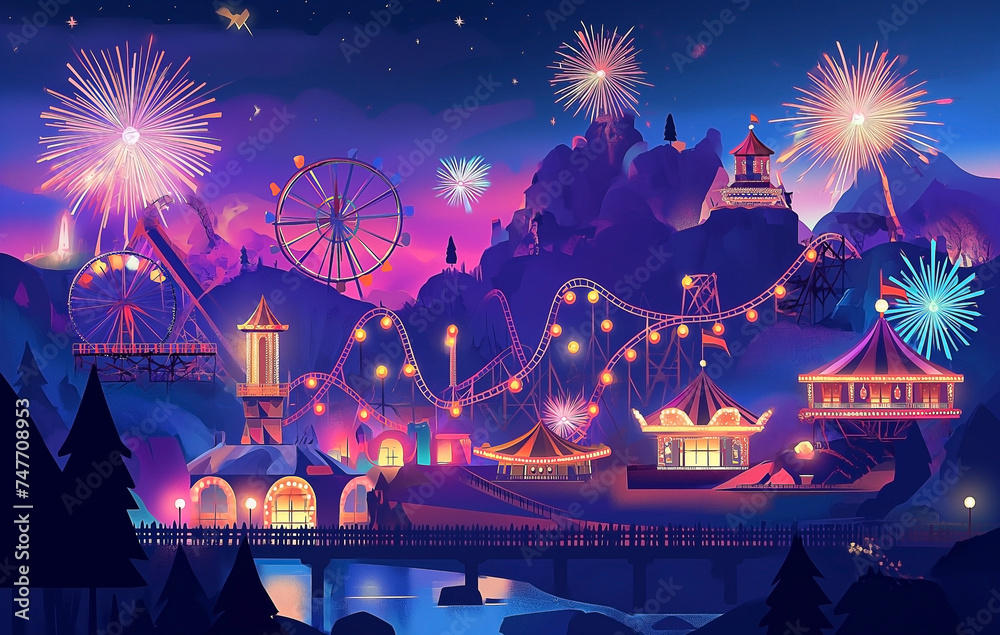 Amusement park circus carnival festival fun fair with fireworks ...