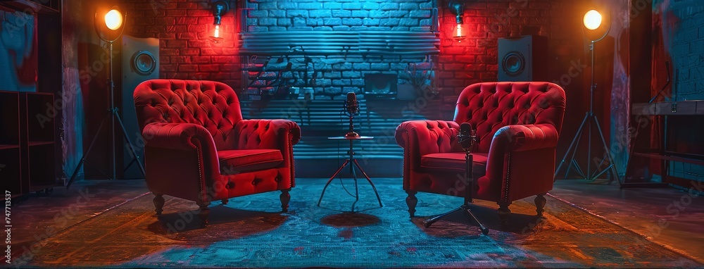 two chairs and microphones in podcast or interview room isolated on ...
