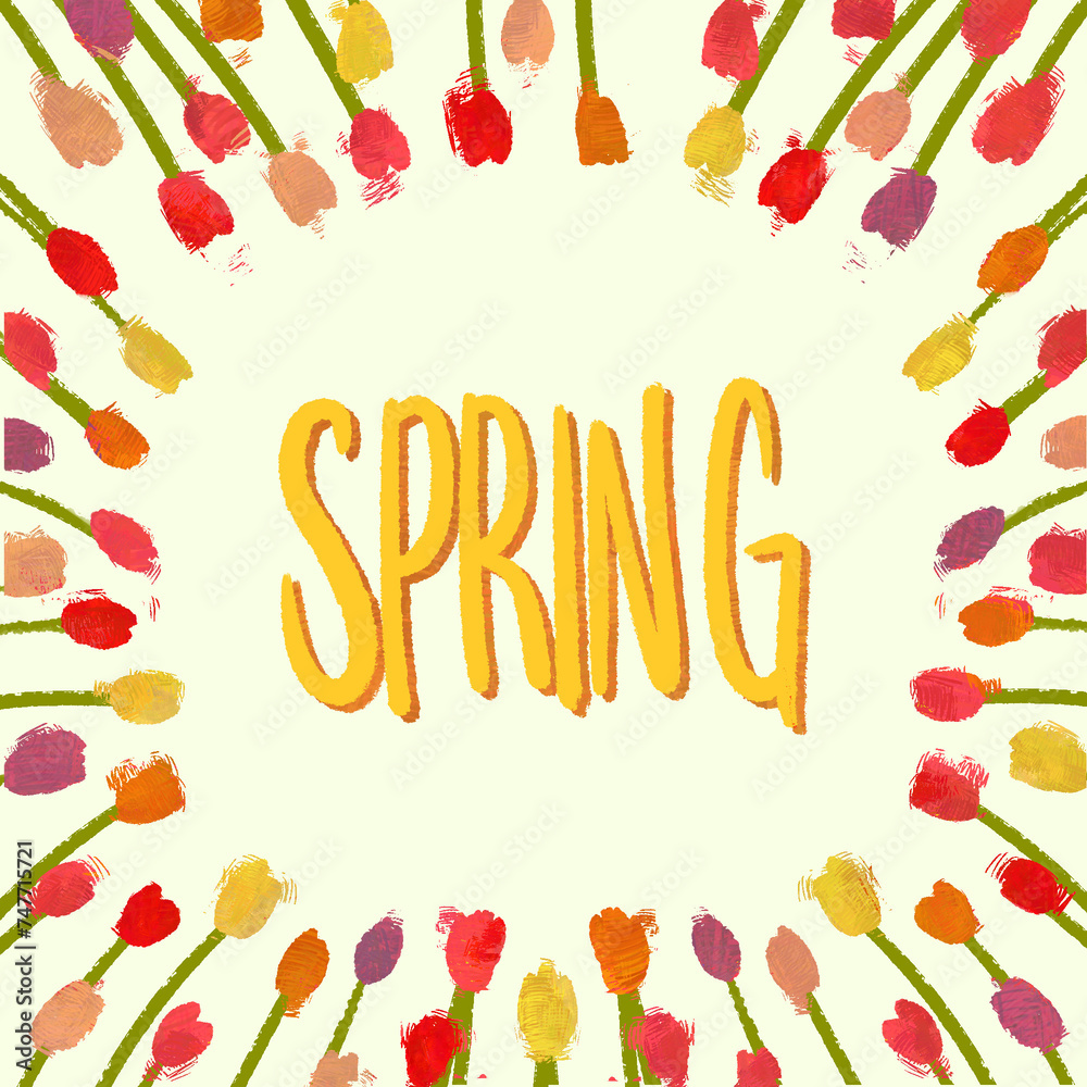 Ilustración marco de flores tulipanes de colores con SPRING en el ...