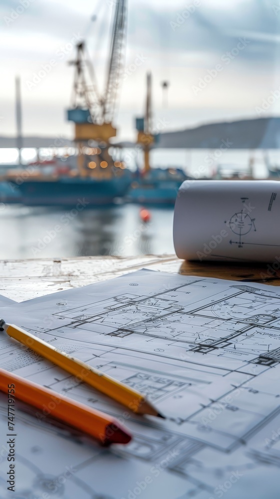 Technical drawing spread on a table with a marine reservoir in the ...