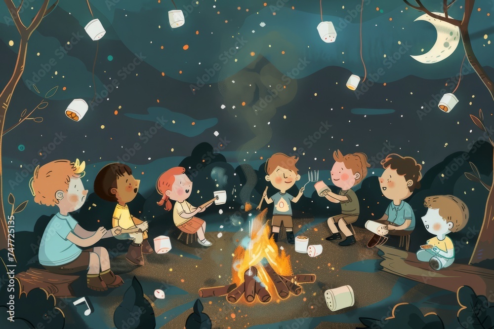 Cartoon cute doodles of kids roasting marshmallows and making s'mores ...
