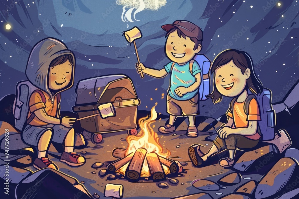 Cartoon cute doodles of kids roasting marshmallows and making s'mores ...