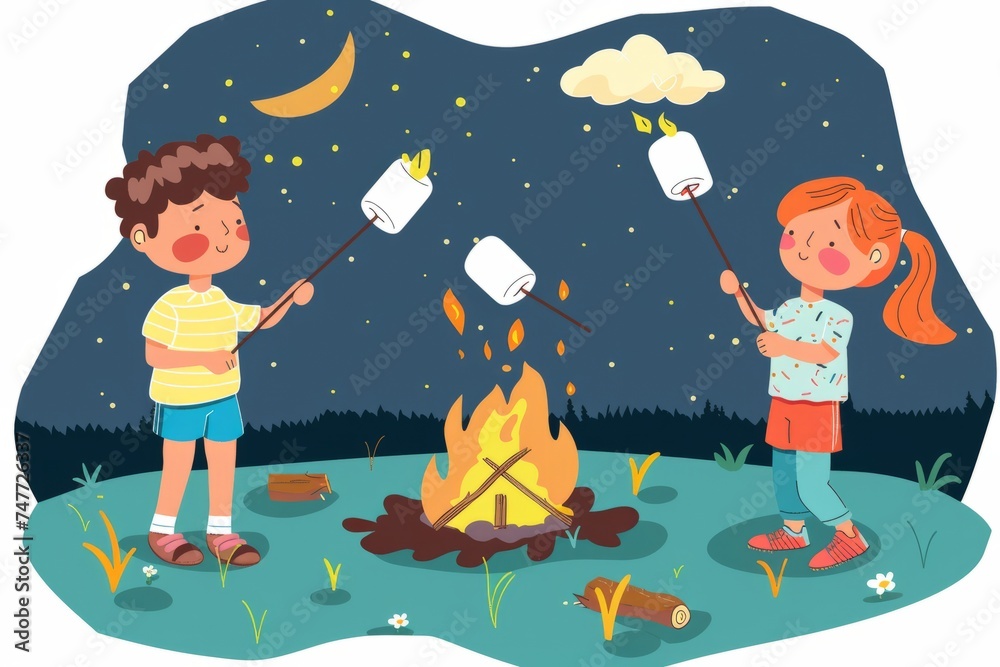 Cartoon cute doodles of kids roasting marshmallows and making s'mores ...