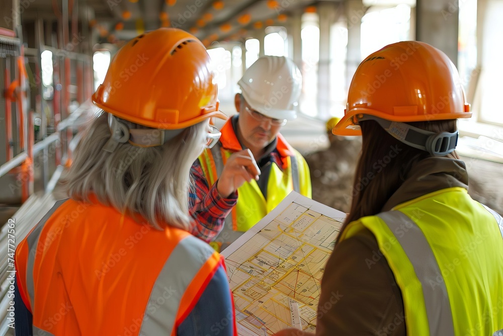 Construction site meeting with a manager explaining architectural plans ...