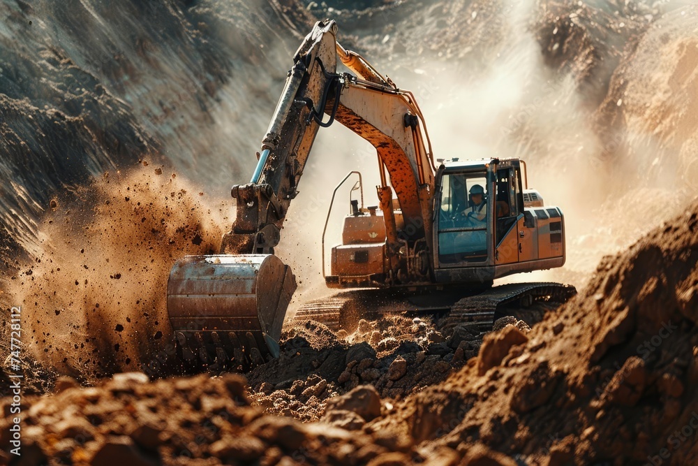 Heavy machinery at work An excavator digging through the earth at a ...