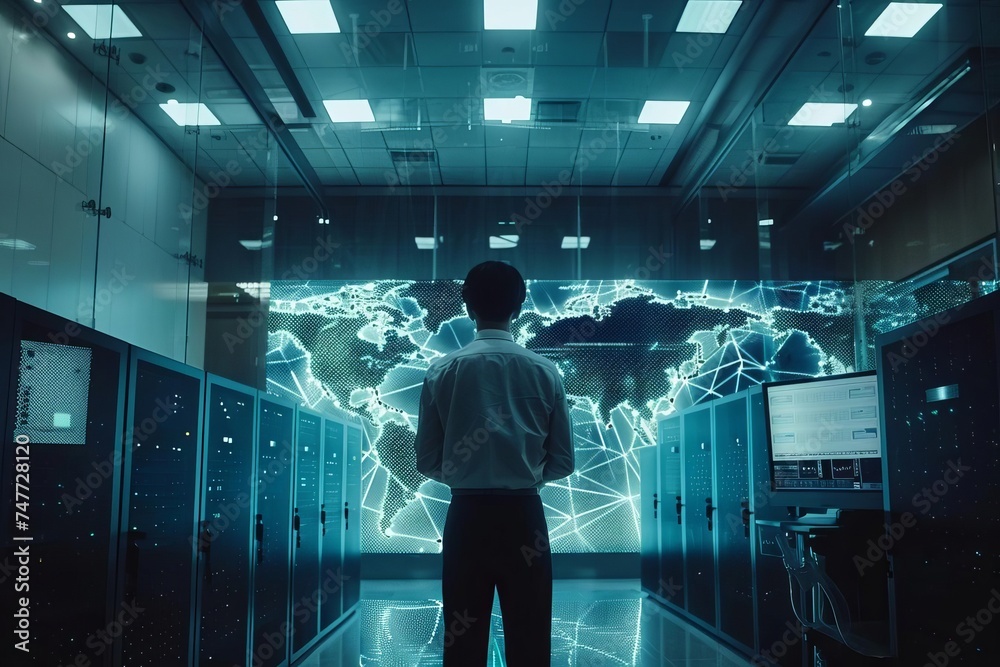 High-tech network operations center with rows of server racks Advanced ...