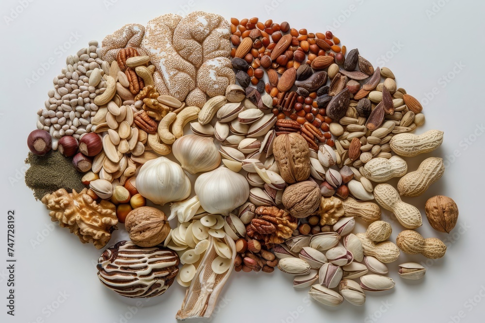 Illustration of a human brain composed of various nuts and seeds Brain ...