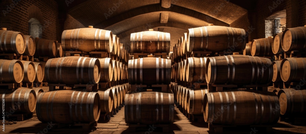 Numerous wine barrels are neatly stacked in a cellar, creating a ...