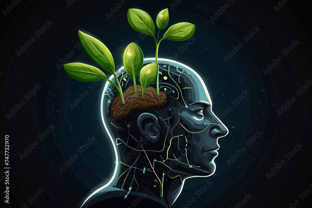 Futuristic growth mindset concept. plant sprout inside human head ...