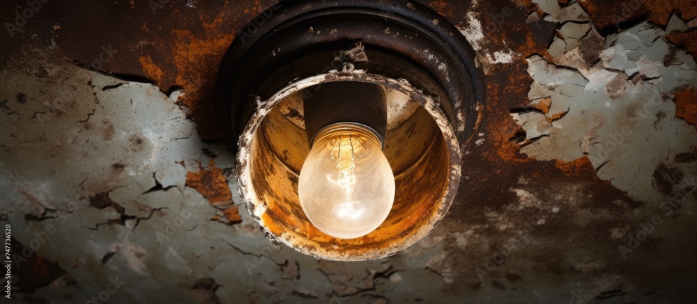 An old ceiling spotlight illuminates the interior of a worn pipe ...