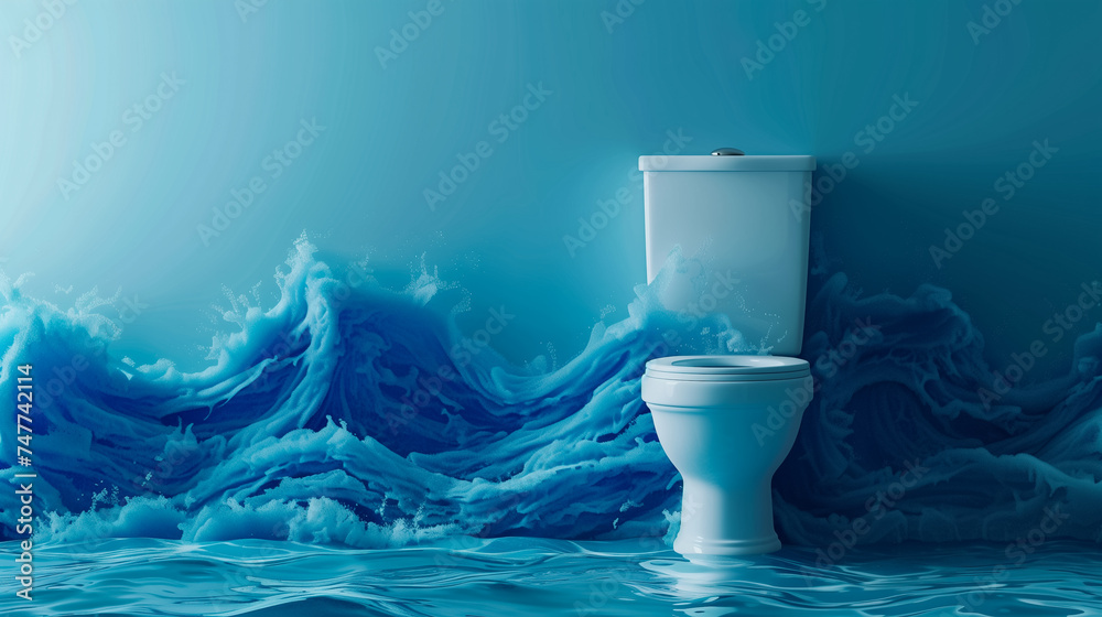 White toilet bowl amidst roaring blue ocean waves, symbolizing water ...