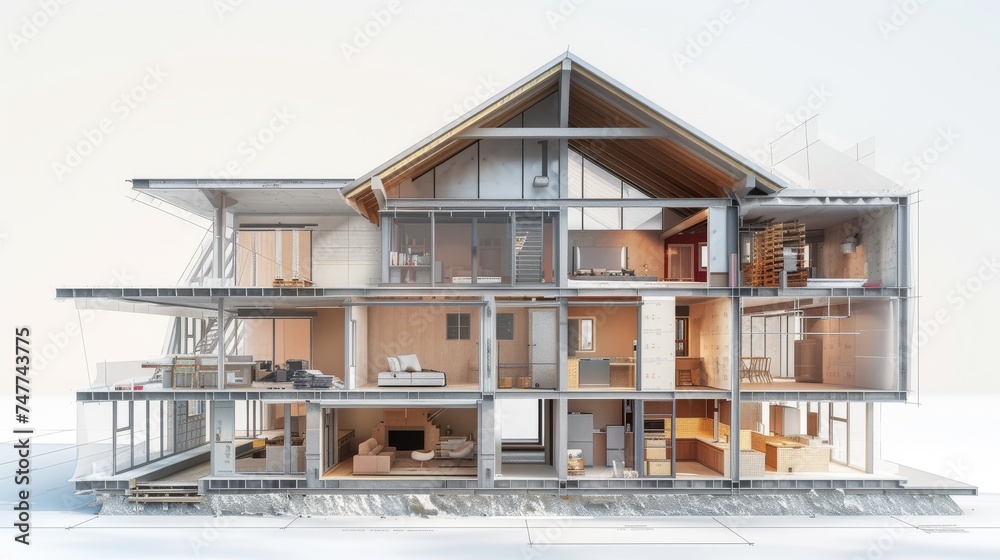 Cross-section of a modern house displaying detailed interior design ...