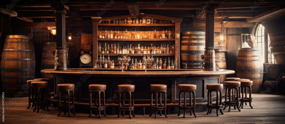 An empty bar with a row of numerous stools surrounding an old wooden ...