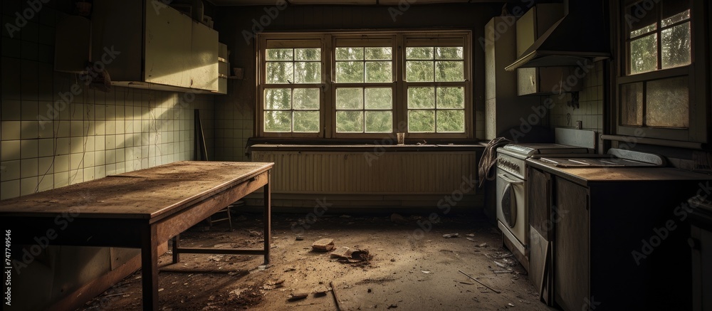 The image shows a neglected kitchen in a home, featuring a worn-out ...