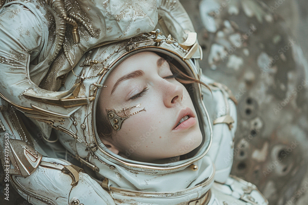 A woman in a spacesuit lost in an otherworldly realm, with an alien ...