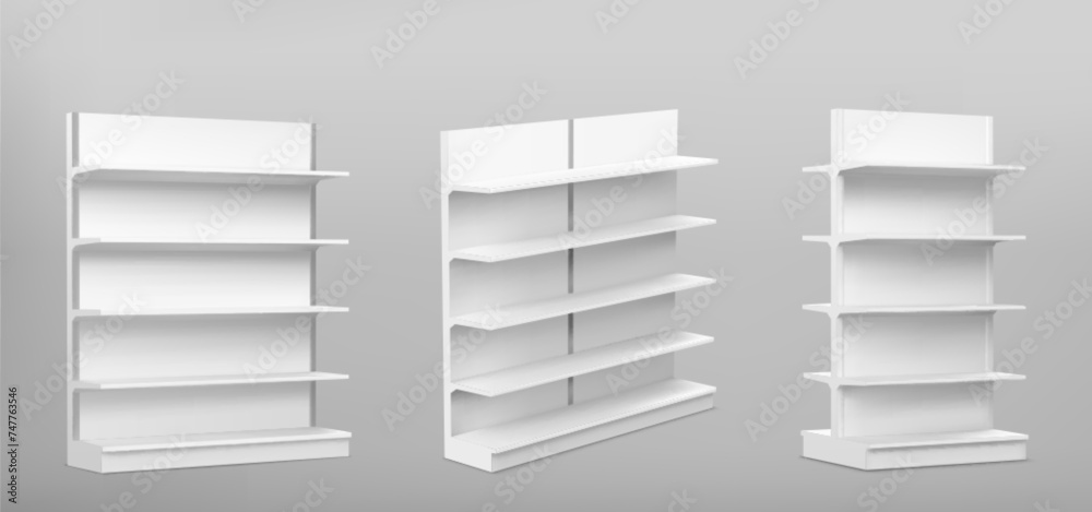 White empty supermarket shelf mockup with racks for product display ...