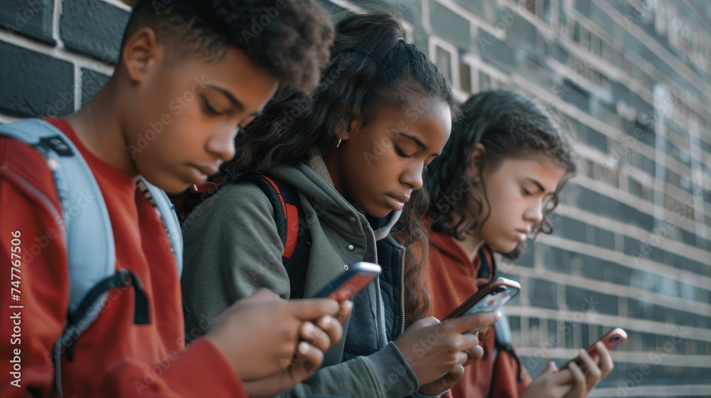 Young multiracial students is focusing on their smartphone at school ...