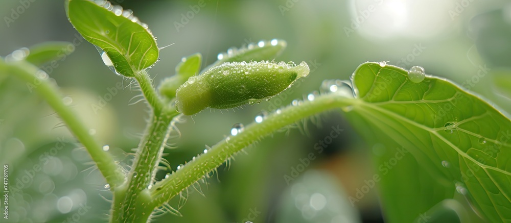 A detailed view of a plant with water droplets on its leaves and stem ...