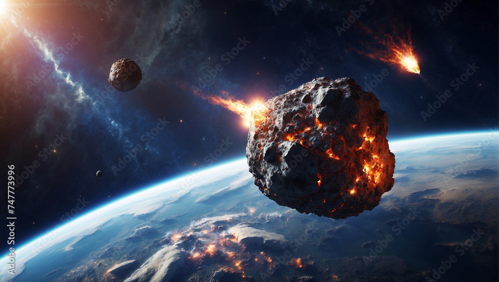 Asteroid impact, end of world, judgment day. Group of burning exploding ...