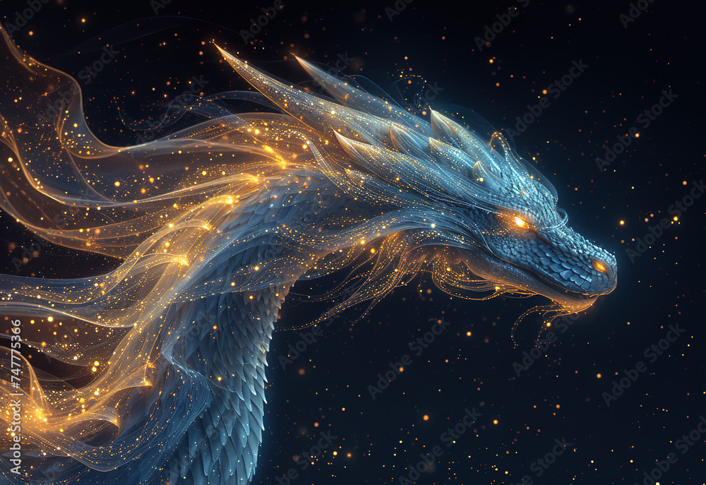 Shining sparkling dragon on dark glitter background. Fiery monster with ...