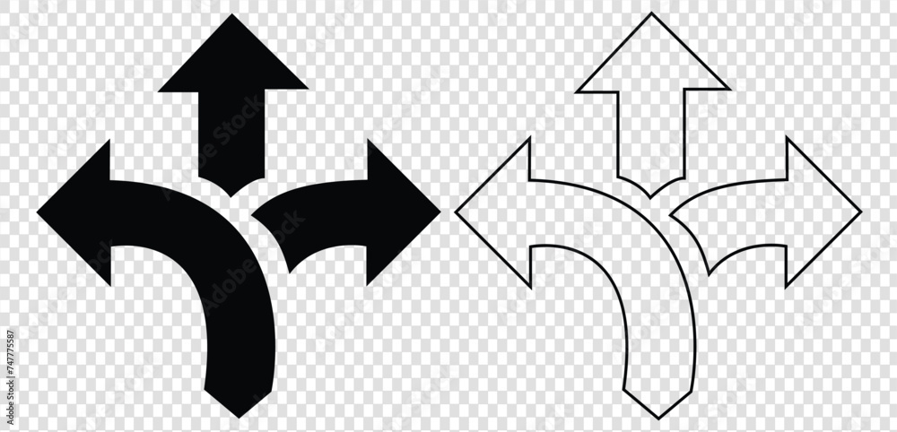 Choice between three roads icon set. Three-way directional arrow. Way, road, direction ...