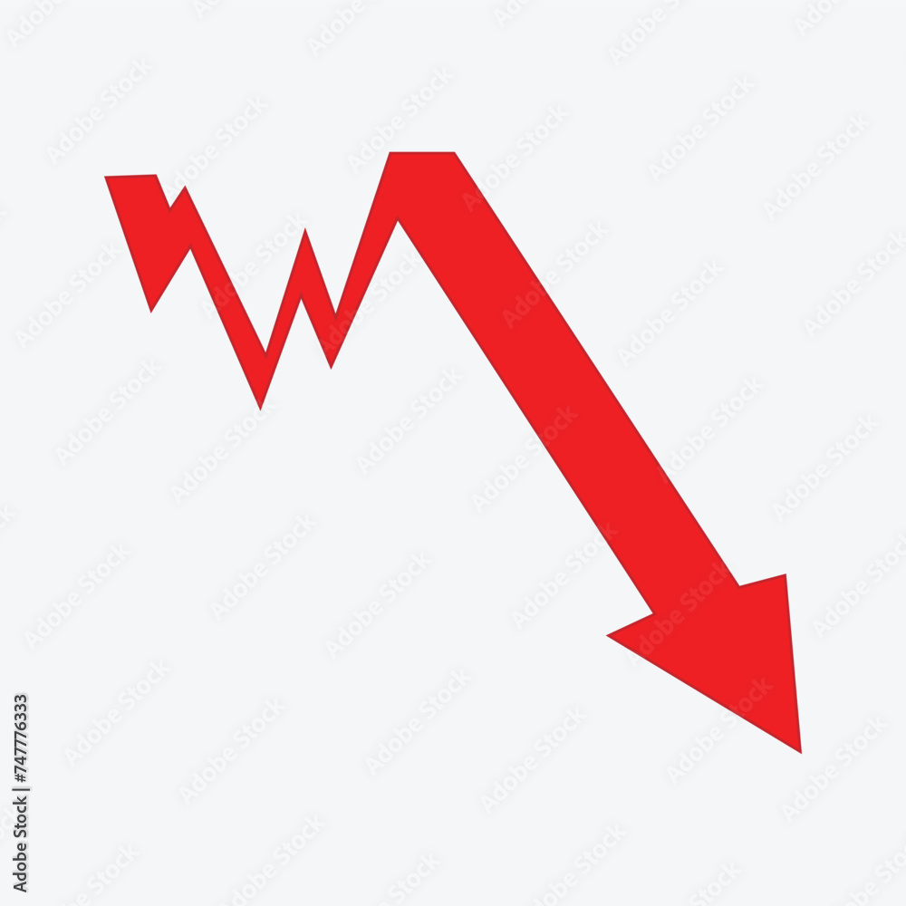 Chart with red down arrow isolated on white background. Falling growth ...