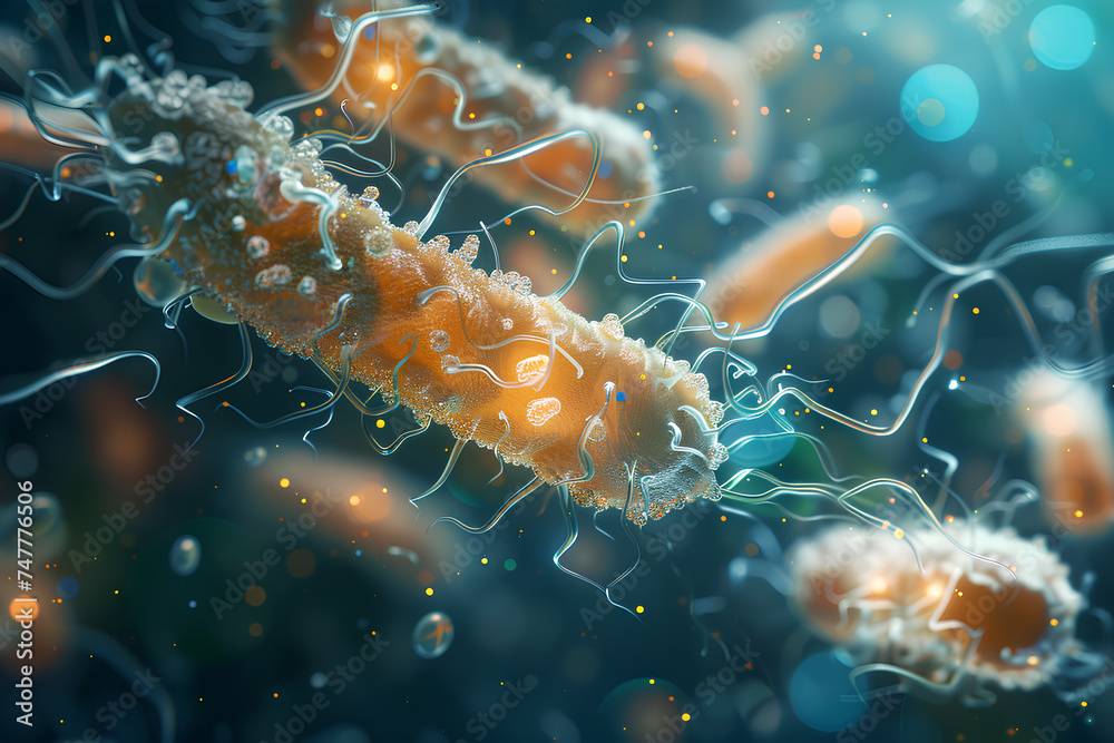 Close-up of bacteria that live in the human intestine under a ...