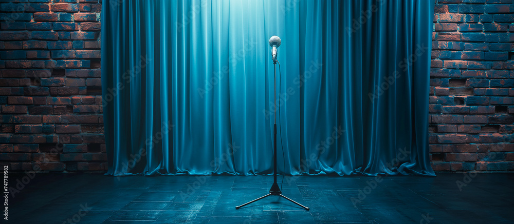 stage with blue curtain and brick wall. theater or stand up comedy ...