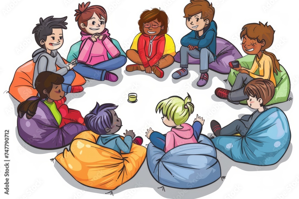 Cartoon cute doodles of kids sitting in a circle on sleeping bags ...