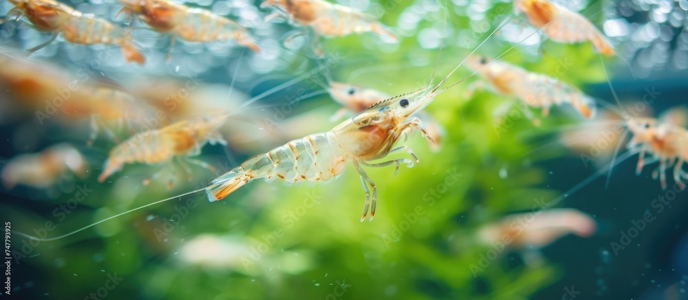 A detailed view of a single shrimp attached to a string, likely used in ...