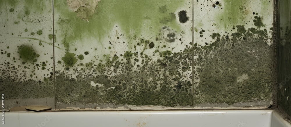 Moldy green and black fungus infesting the walls of a bathroom with a ...