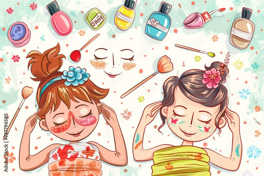 Cartoon cute doodles of kids having a DIY spa night, painting each ...
