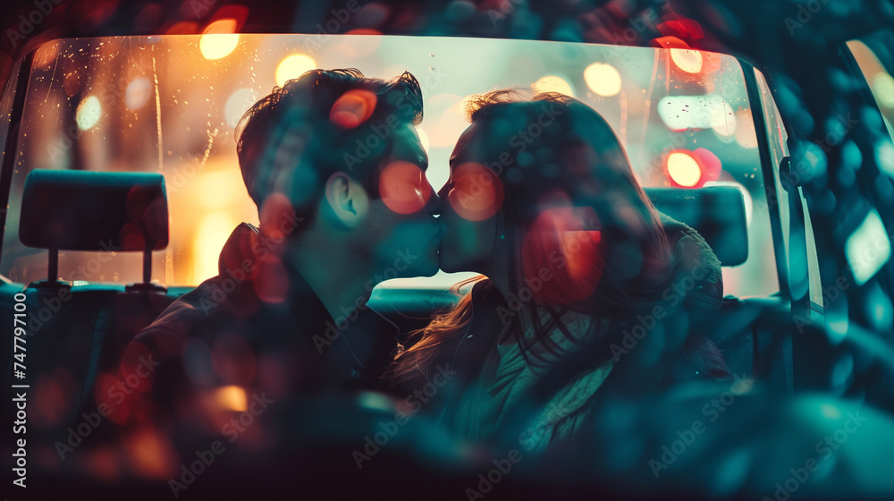 the picture shows a husband and wife kissing in a car, the blurred ...