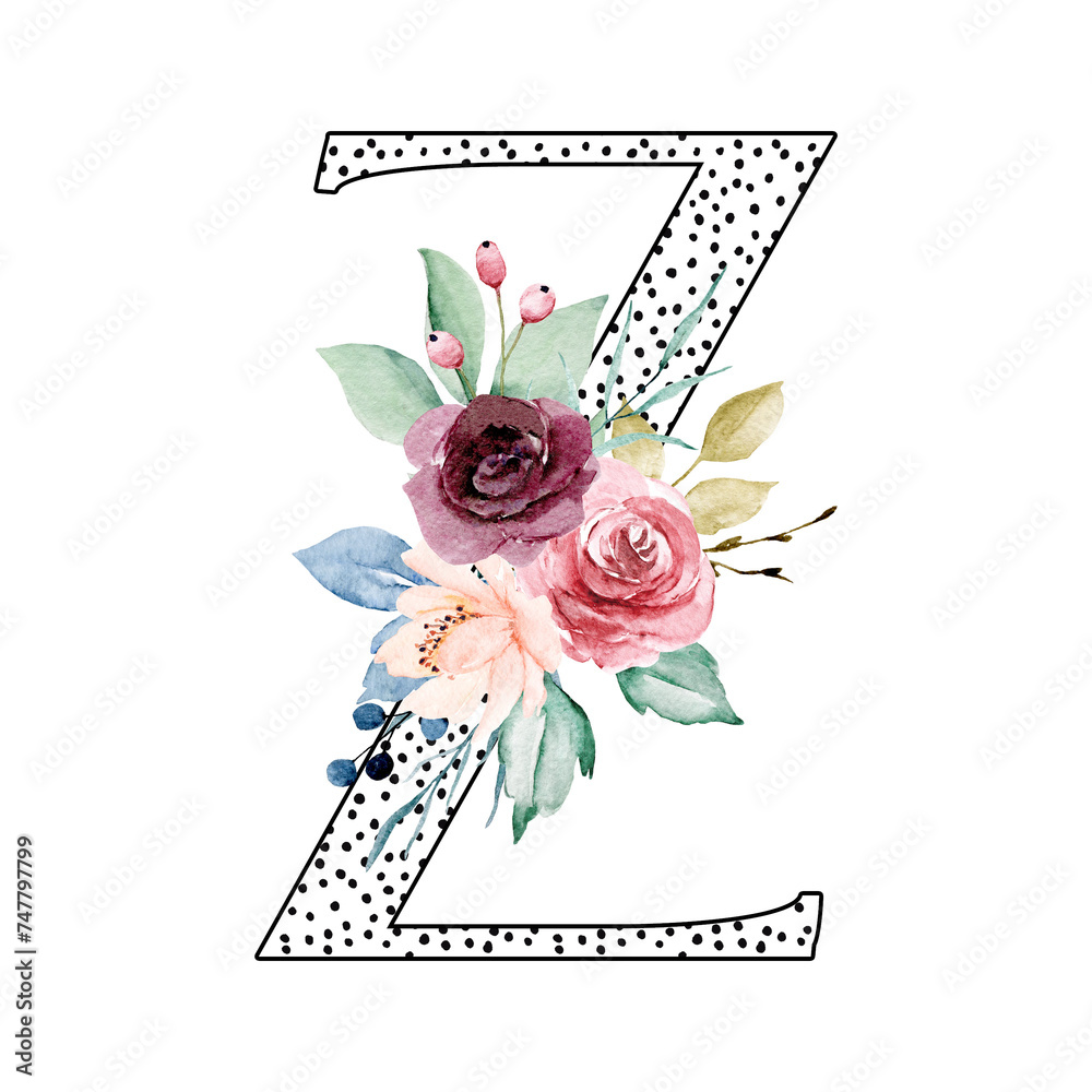 Floral monogram Z, letter with watercolor flowers and leaves. Alphabet ...
