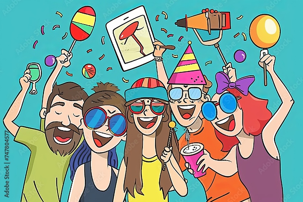 Cartoon cute doodles of friends having a DIY photo booth with silly ...