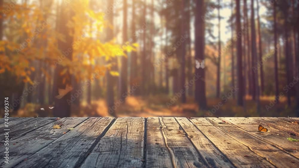 a wooden table and spring forest background. seamless looping overlay ...