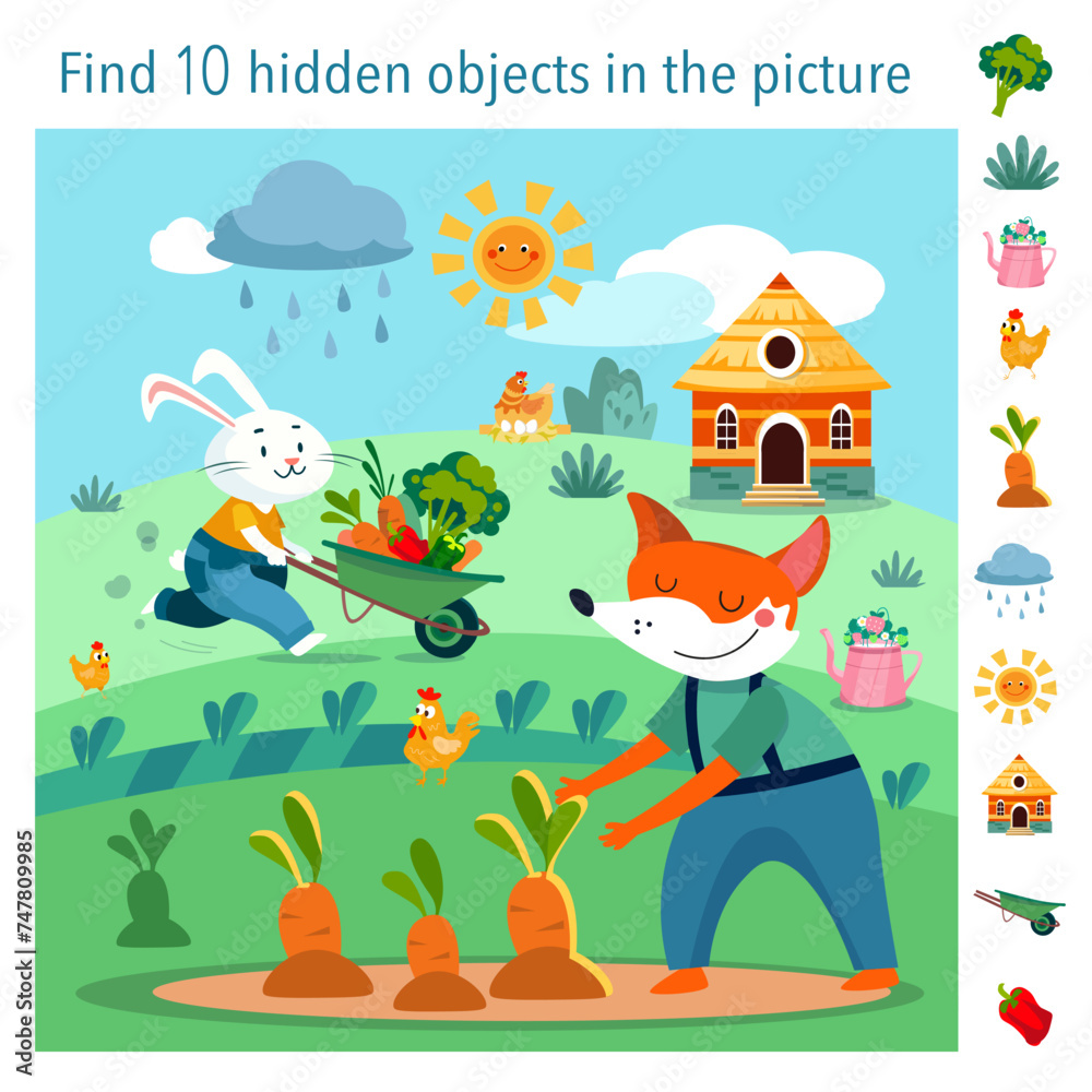 Find 10 hidden objects in picture. Educational game for kids. Cute flat ...