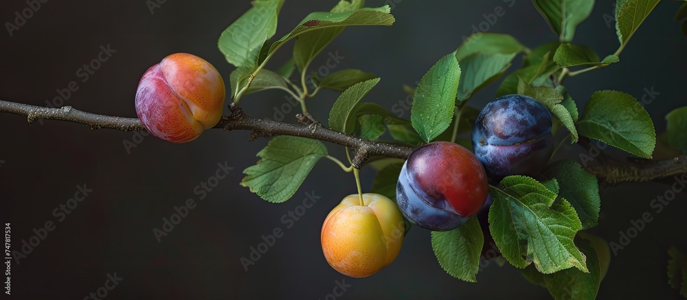 A branch of a young fruit tree is depicted with two plums - one ripe ...