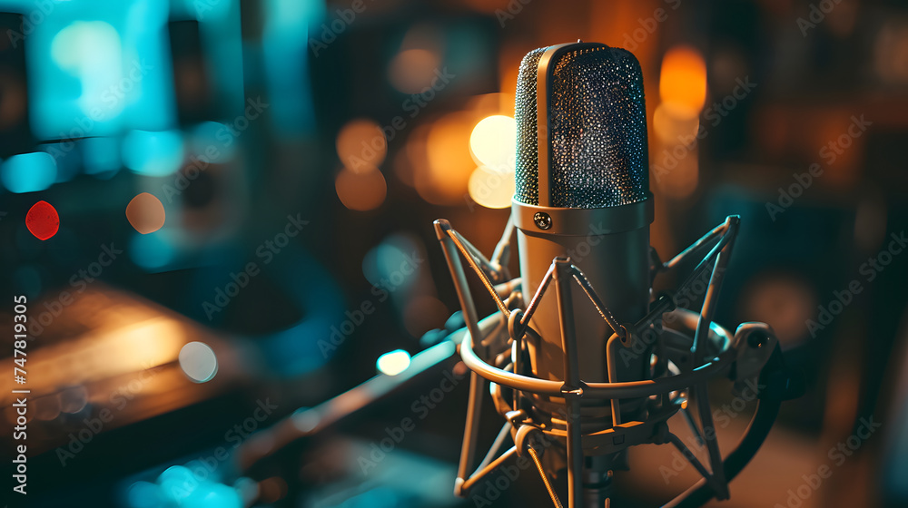 A condenser studio microphone with a shock mount in a music studio ...