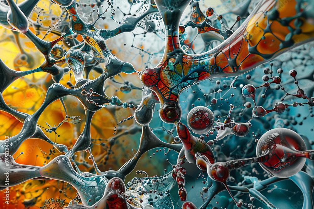 Microscopic view of organic acid molecules in a dynamic, colorful ...