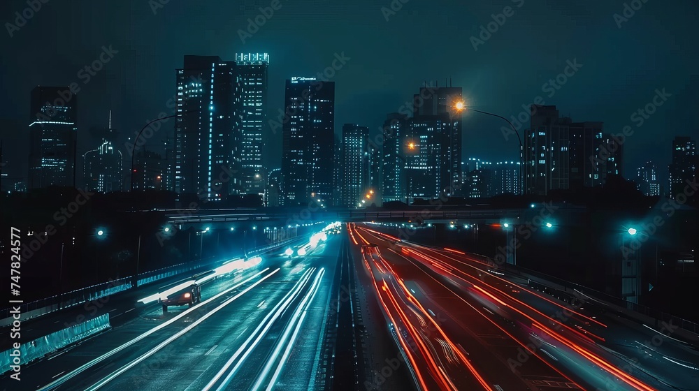 Vehicle headlight streaks creating a motion blur effect on a ...