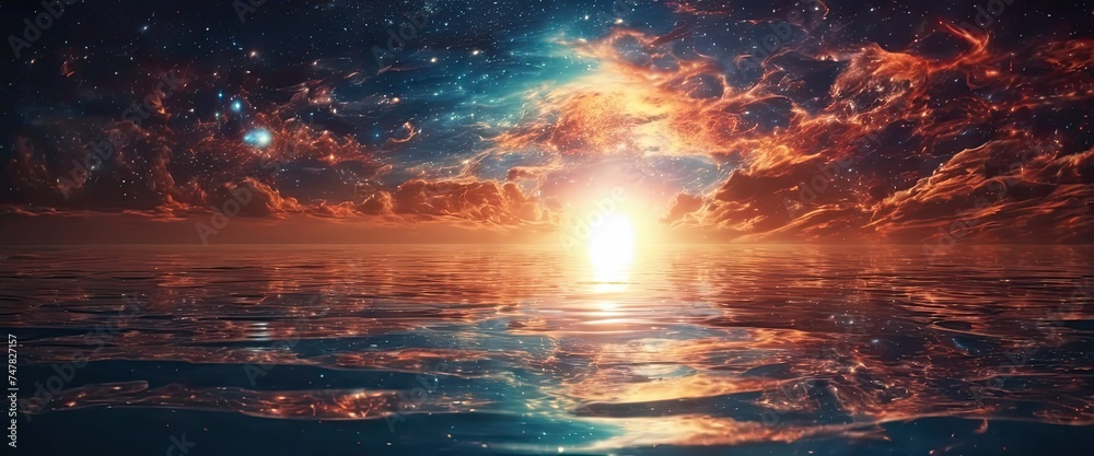 Beautiful sky appears between the sunset and the cosmic universe. Sea ...