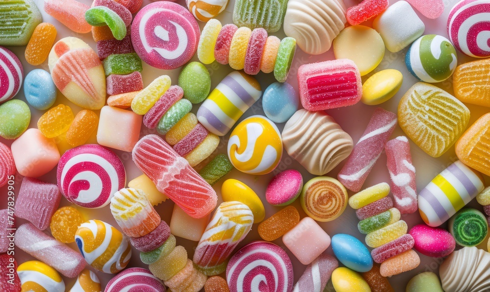 a colorful assortment of candies, featuring a variety of shapes, sizes ...