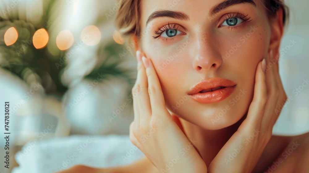 Portrait of charming sensitive woman in luxury spa touching her face ...