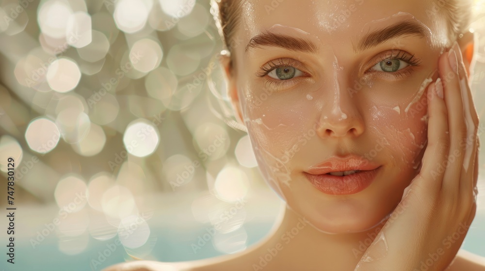 Portrait of charming sensitive woman in luxury spa touching her face ...