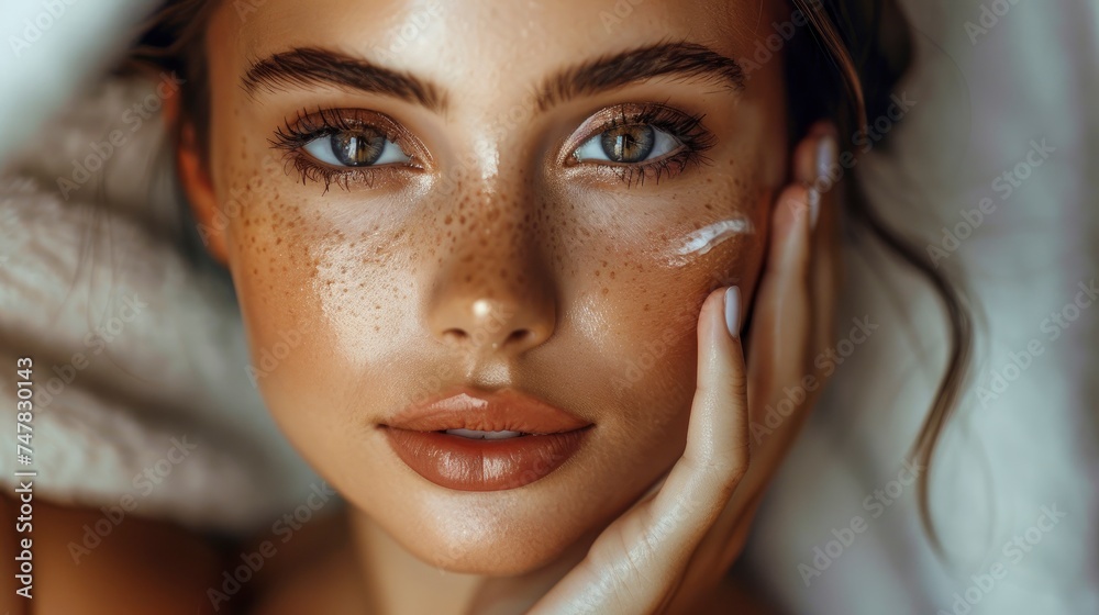 Portrait of charming sensitive woman in luxury spa touching her face ...