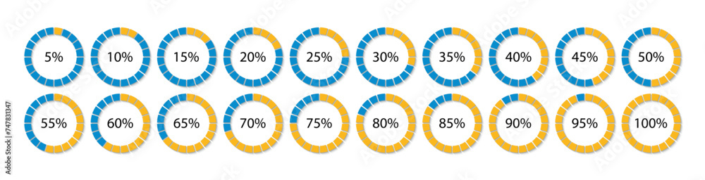 Circular progress bar yellow and blue. 100 percent round pie chart ...