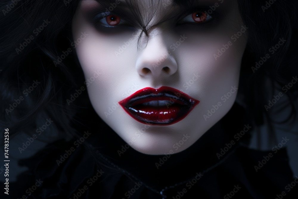 Portrait of vampire lips, the sinister smile revealing menacing fangs ...