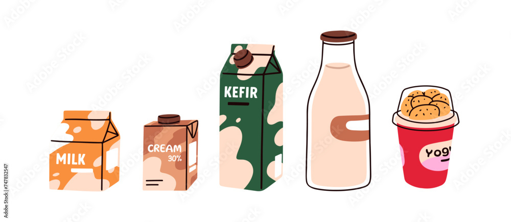 Dairy products in packages set. Cow milk, kefir, cream, yogurt on ...